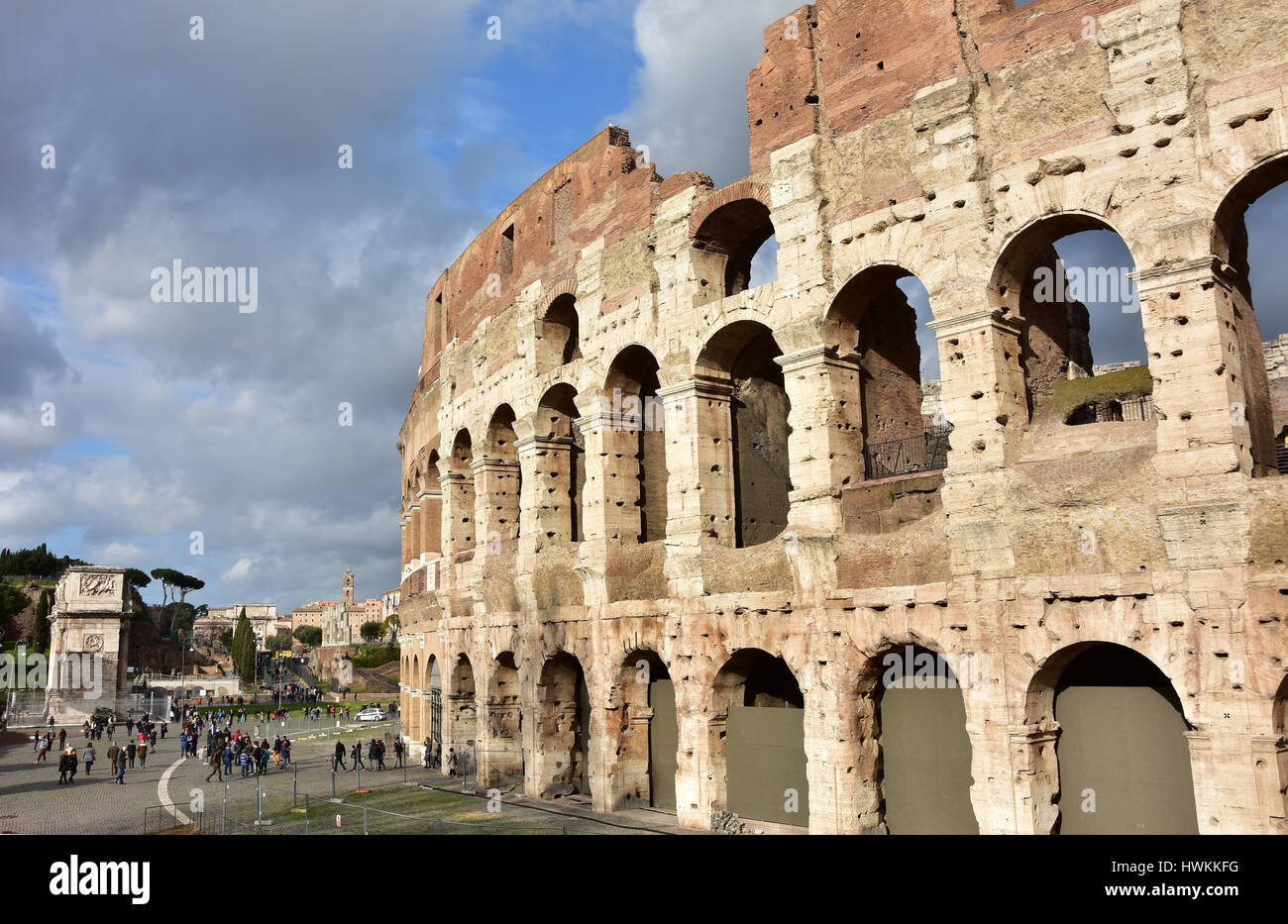 Coliseum and roman archeological area with tourists and beautiful ...