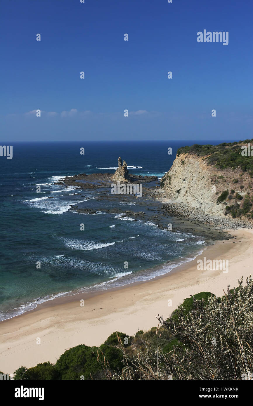 Beach, blue sky and cliffs Victorian south coast at Inverloch Australia ...