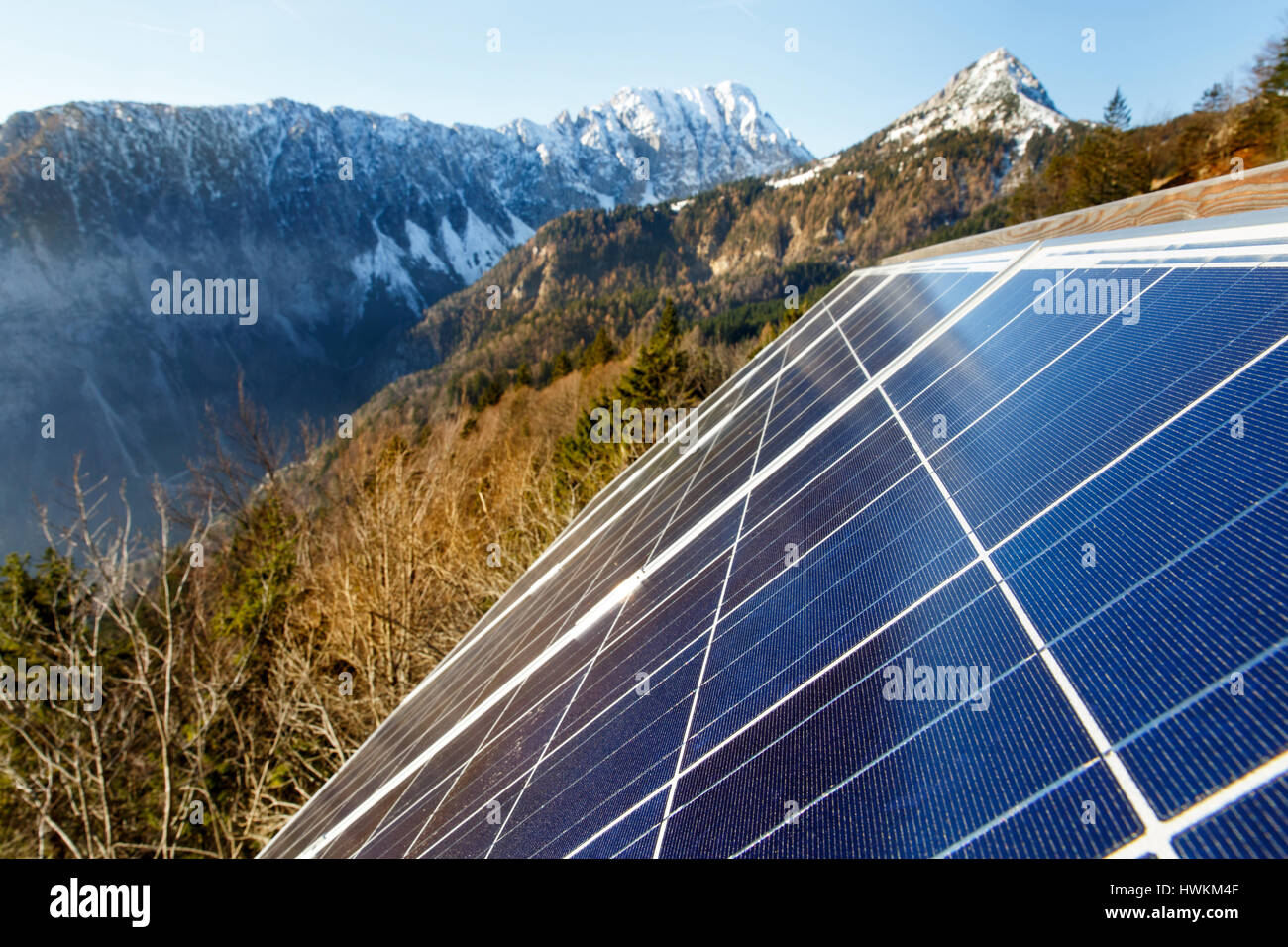 Closeup of photovoltaic solar panels in mountainous natural area ...