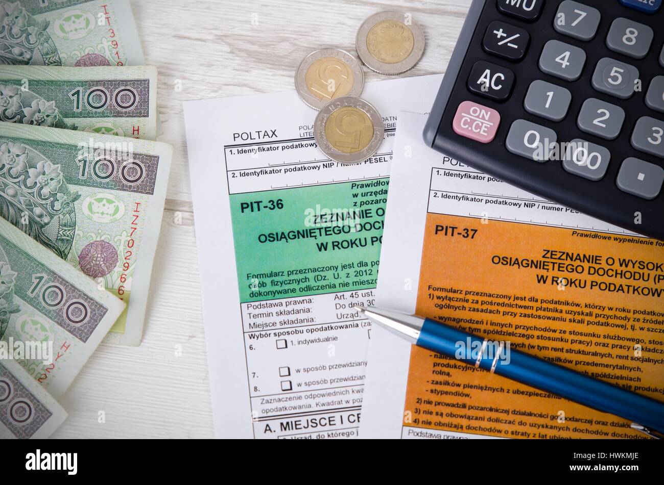 Polish tax form with cash and calculator. Accounting pit business ...