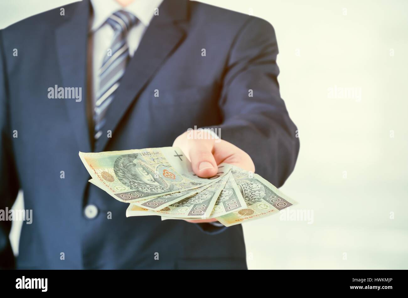 Range of Polish banknotes in hand. businessman giving money loan polish ...