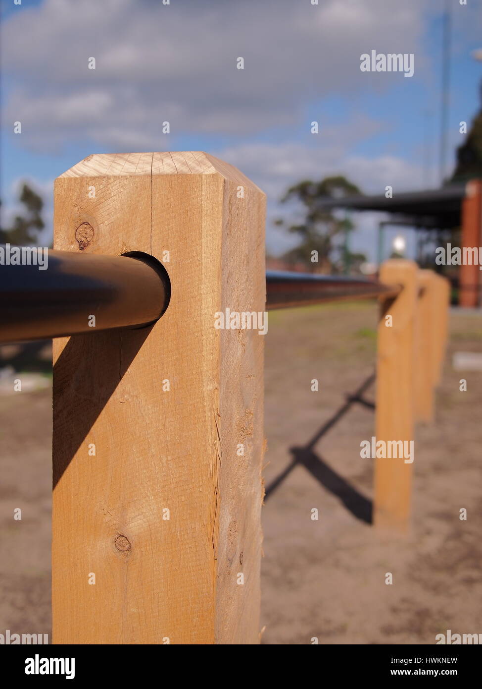 Timber barrier pole and barrier tube in a public park, Australia 2016 ...