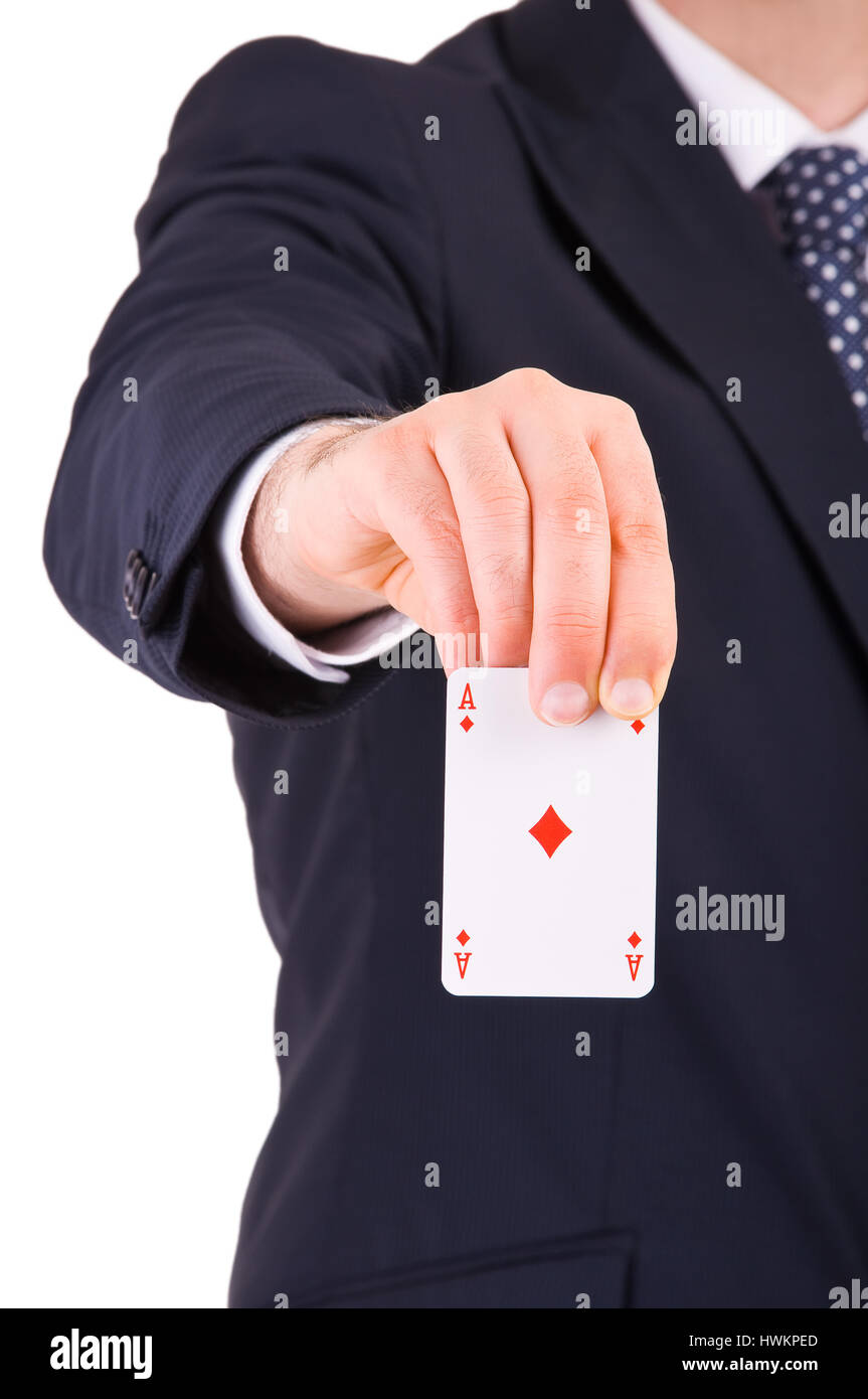 Businessman showing playing card Stock Photo - Alamy