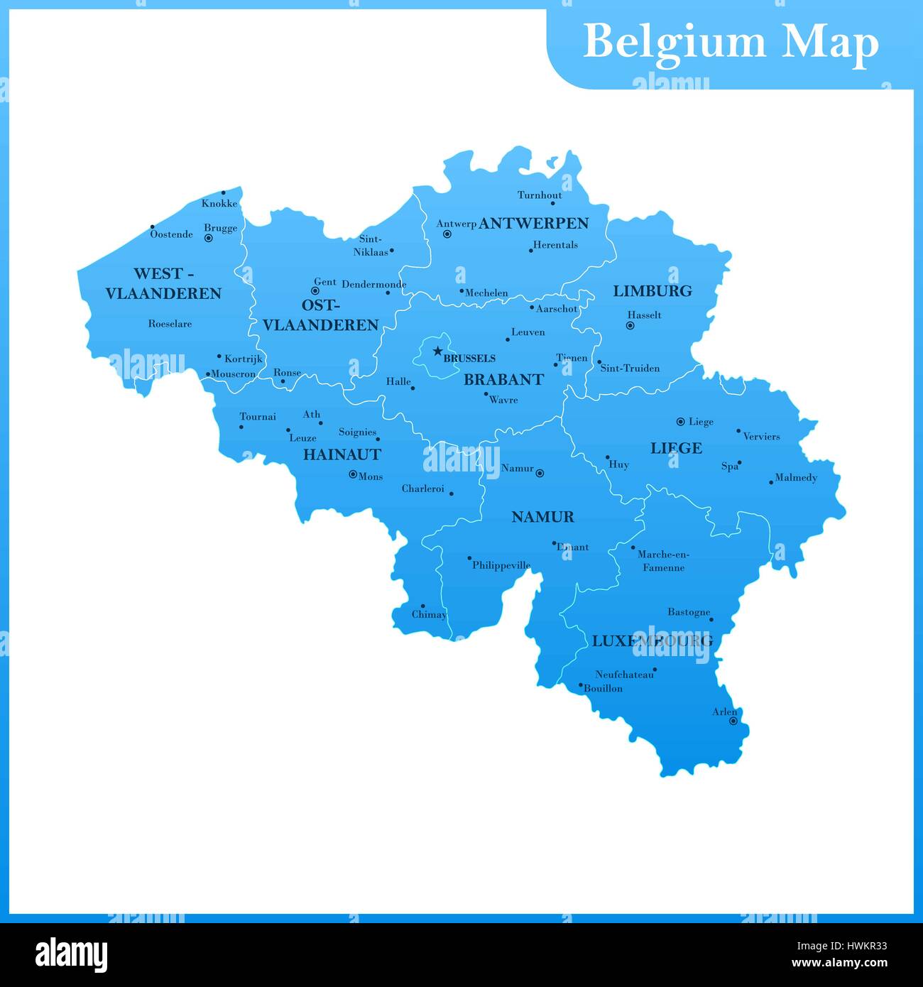 The detailed map of the Belgium with regions or states and cities ...