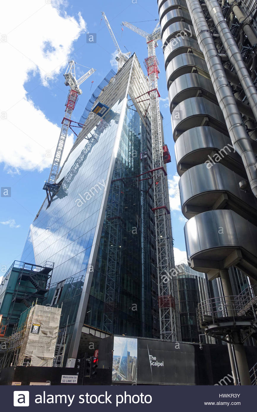 View looking up at the Scalpel skyscraper under construction on the ...