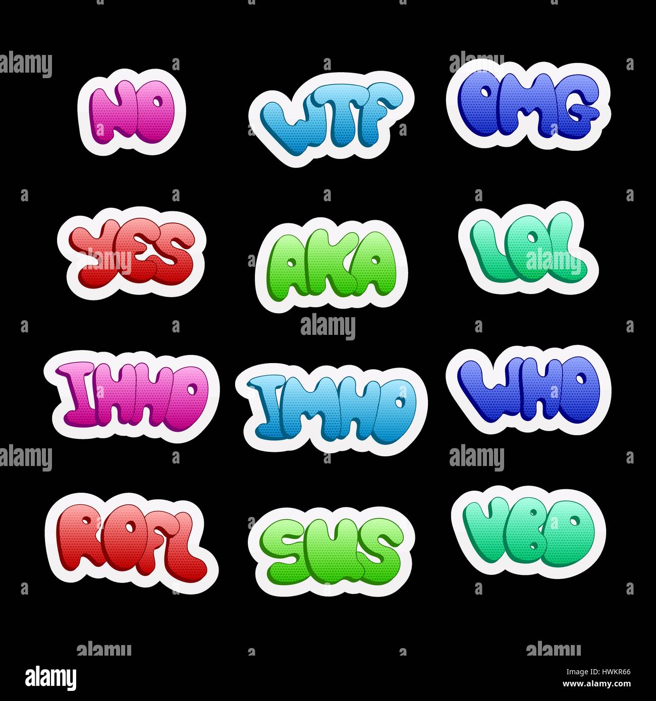 Sticker icons with halftone texture. A set of abbreviations, reductions ...