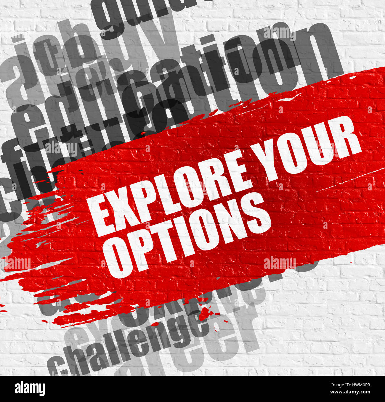 Explore Your Options on the White Brickwall Stock Photo - Alamy
