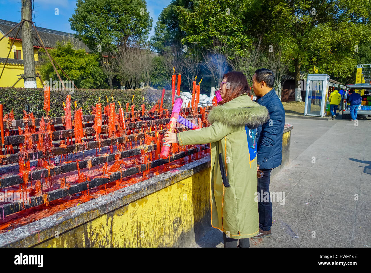 CHONGYUANG TEMPLE, CHINA - 29 JANUARY, 2017: Wooden table structure ...