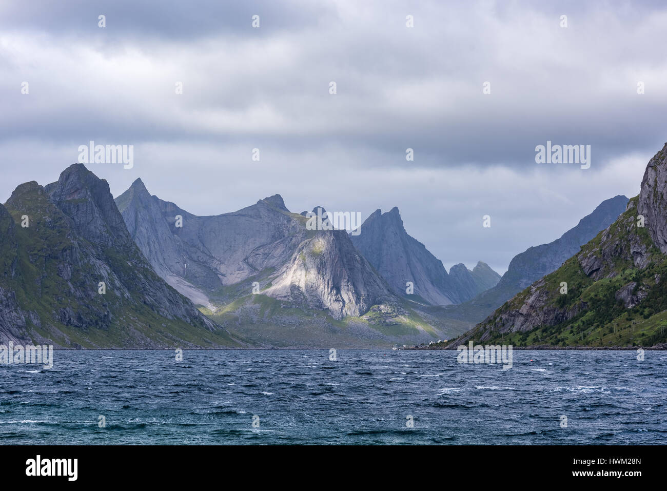 Dramatic summer landscape with sharp mountain peaks in Norway Stock ...