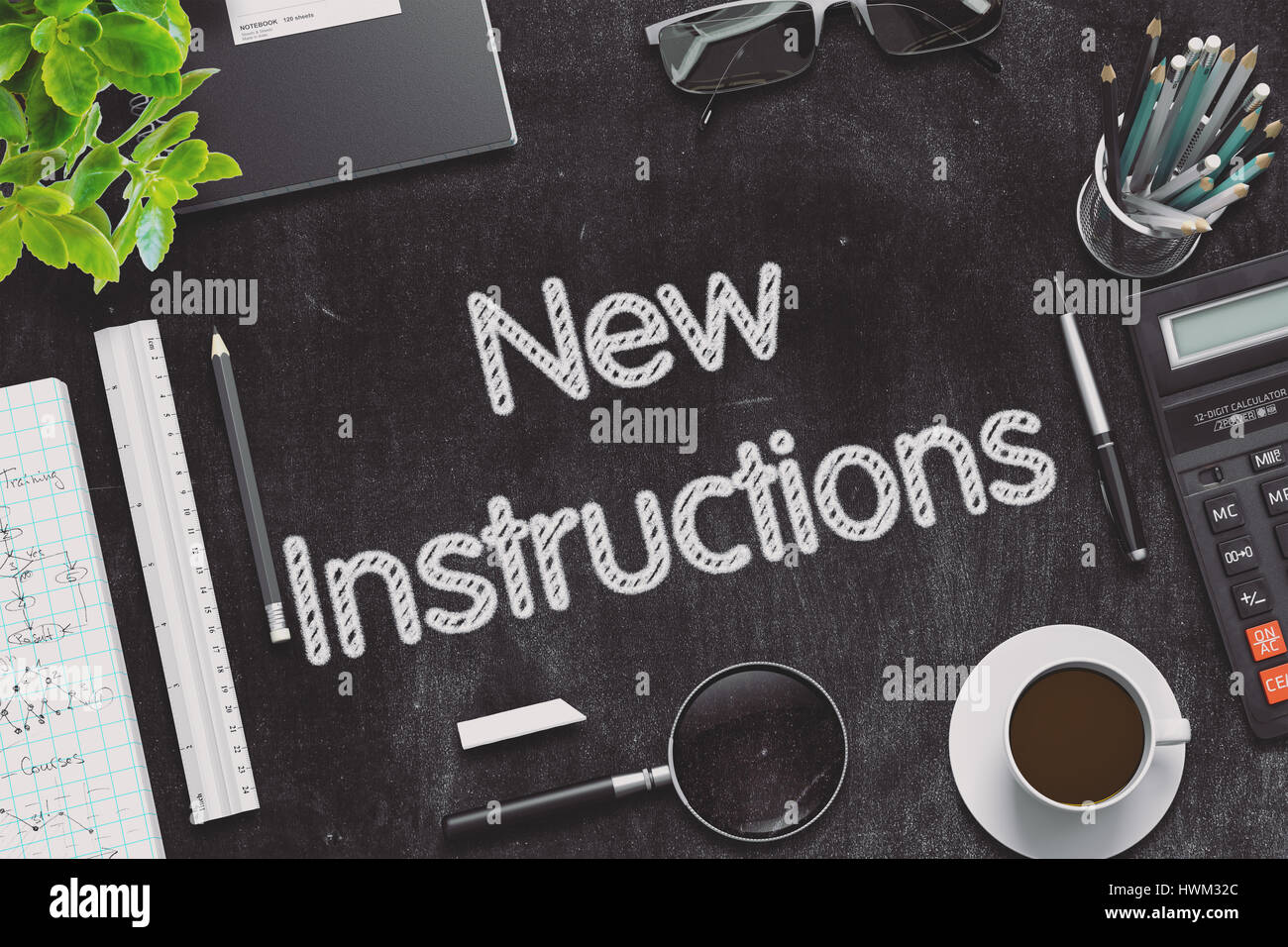 New Instructions - Text on Black Chalkboard. 3D Rendering Stock Photo ...