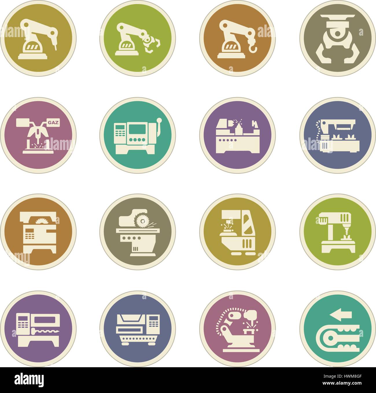 Vector machine tool icons set. Work and factory, production industrial ...