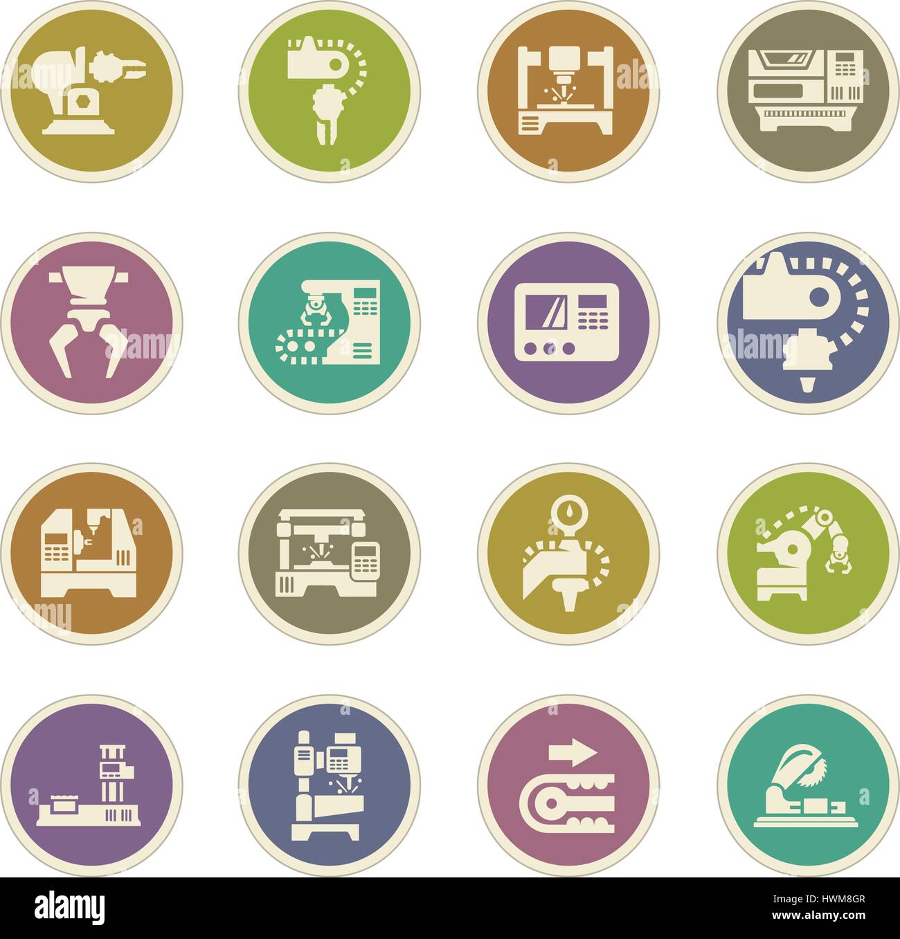 Vector machine tool icons set. Work and factory, production industrial ...