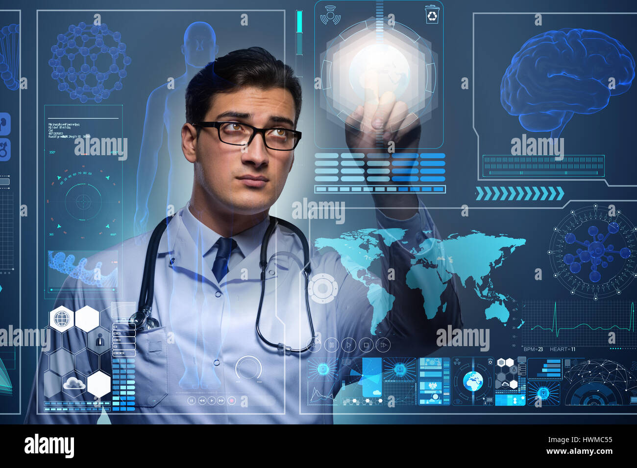 Doctor in futuristic medical concept pressing button Stock Photo - Alamy