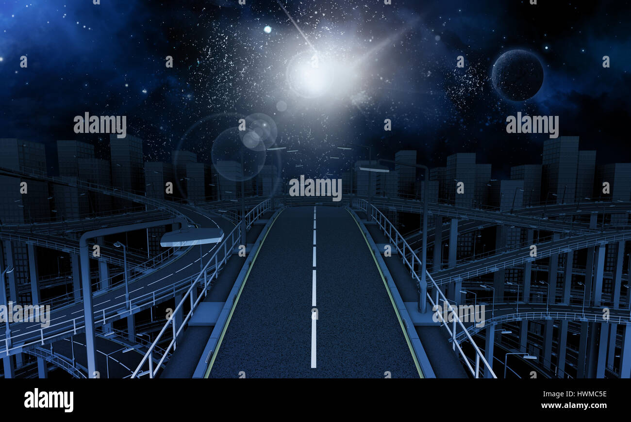 3D Render of futuristic freeway in the city with space sky Stock Photo ...