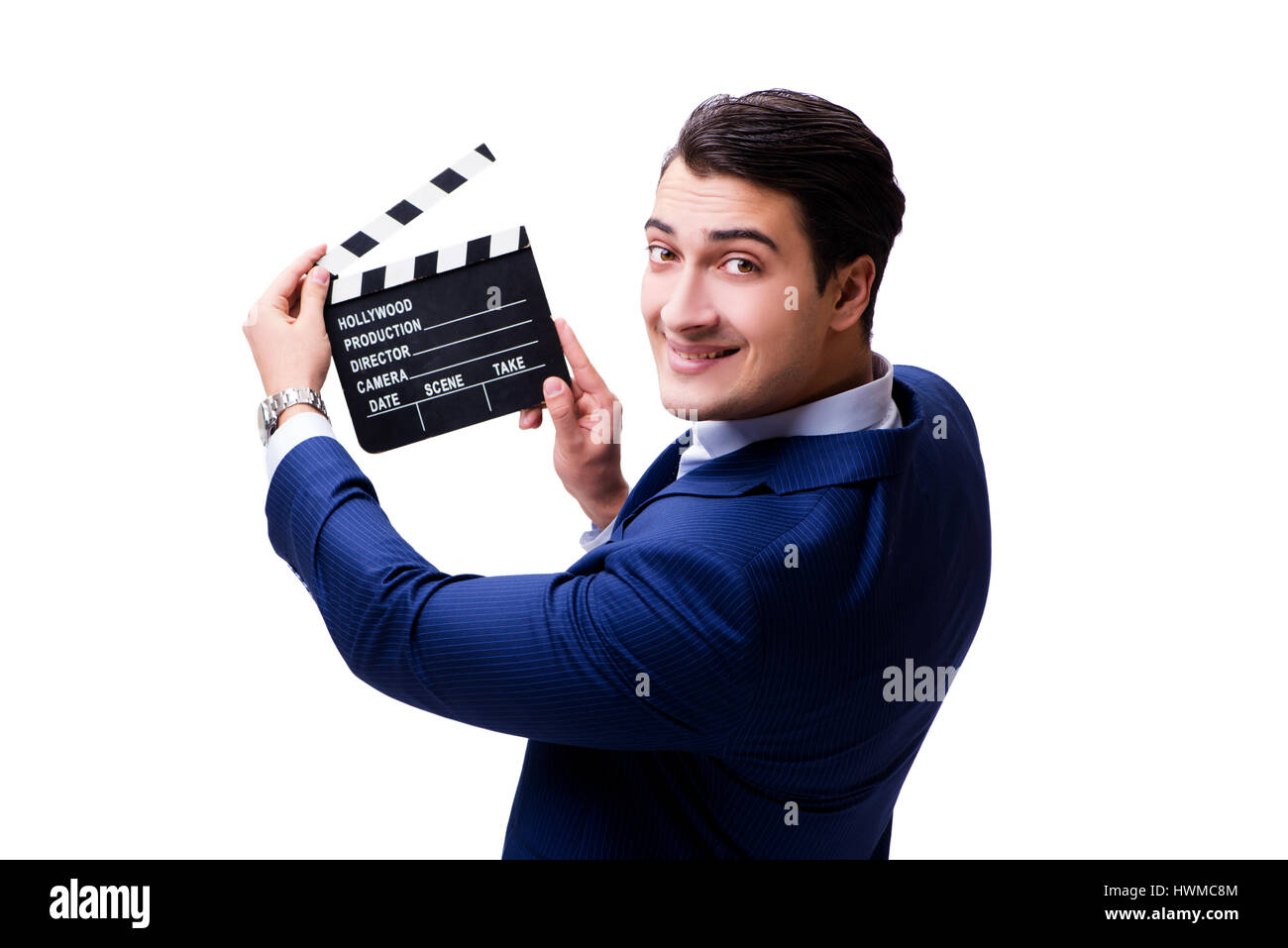 Handsome man with movie clapper isolated on white Stock Photo - Alamy