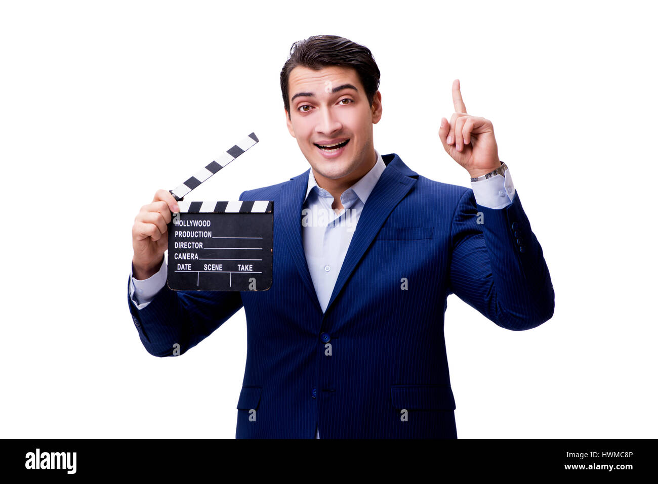 Handsome man with movie clapper isolated on white Stock Photo - Alamy
