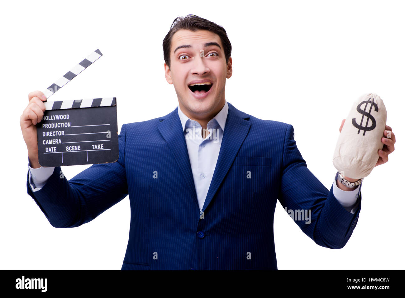 Handsome man with movie clapper isolated on white Stock Photo - Alamy