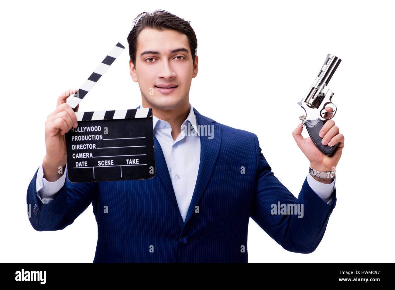 Handsome man with movie clapper isolated on white Stock Photo - Alamy
