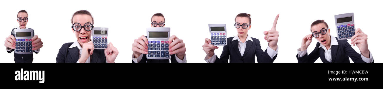 Nerd female accountant with calculator Stock Photo - Alamy