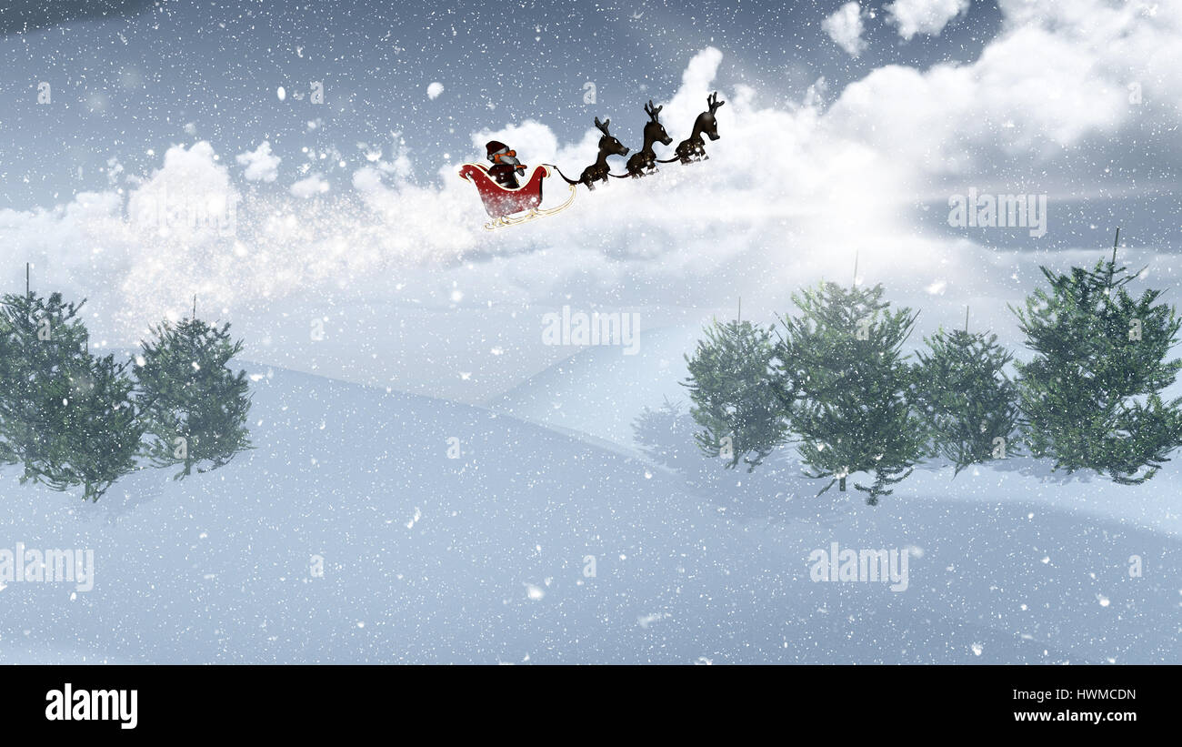3D render of Santa and his sleigh flying over a snowy landscape Stock ...