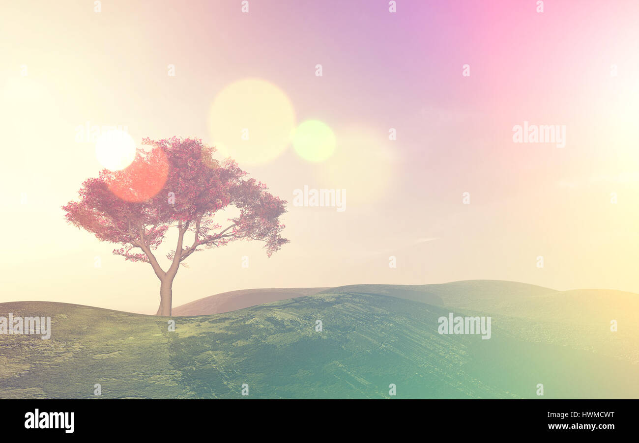 3D landscape with a tree with a retro effect Stock Photo - Alamy