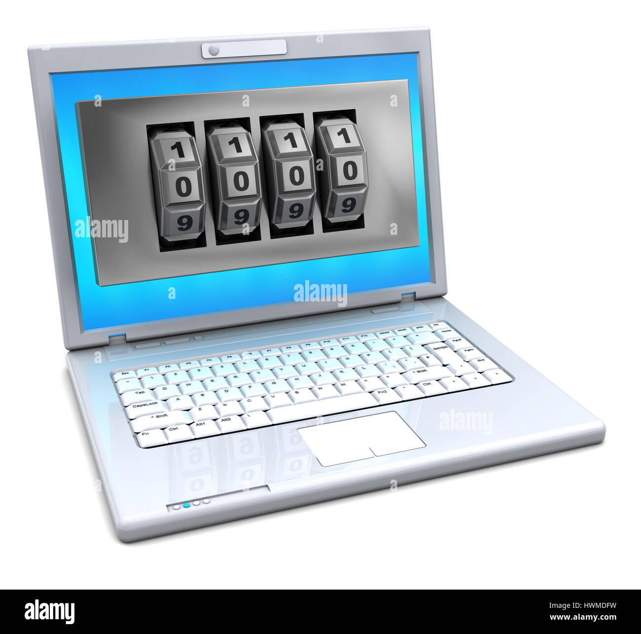3d illustration of laptop computer whith combination lock in screen ...