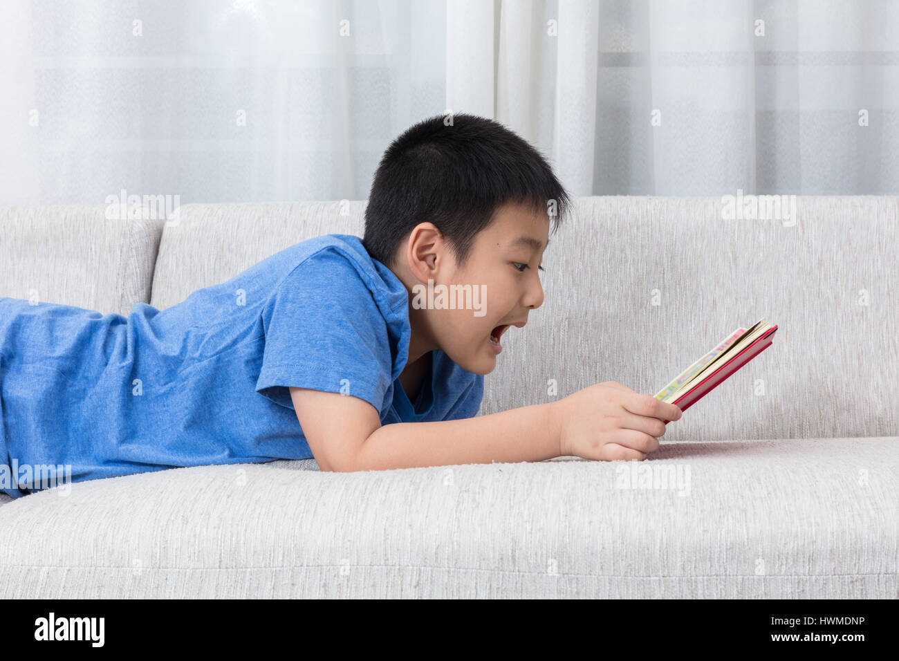 Asian Chinese little boy reading book on the sofa in the living room at ...