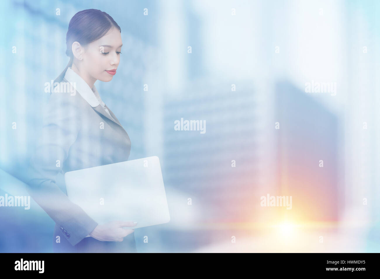 Young pretty business woman with notebook. Double exposure photo of ...