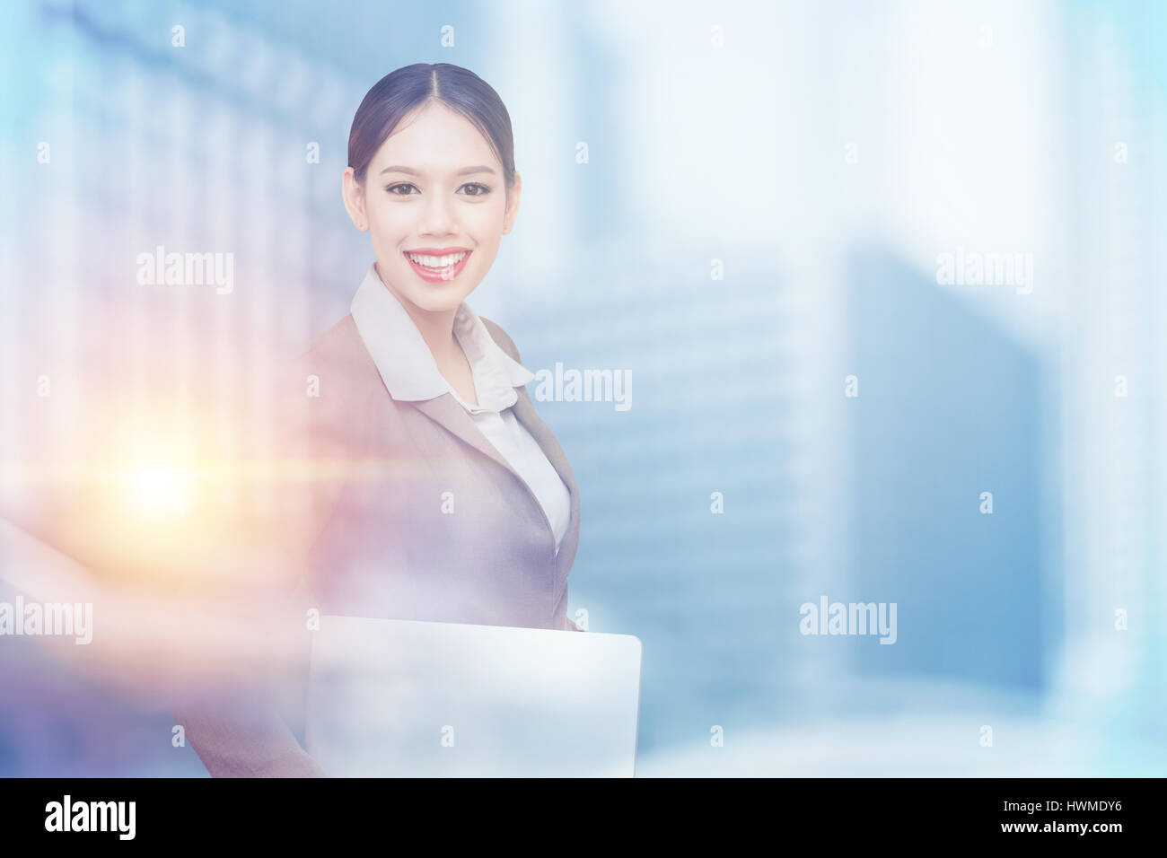 Young pretty business woman with notebook. Double exposure photo of ...