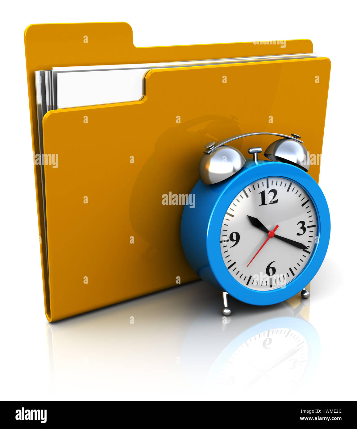 3d illustration of folder icon with alarm clock, over white backgroun ...