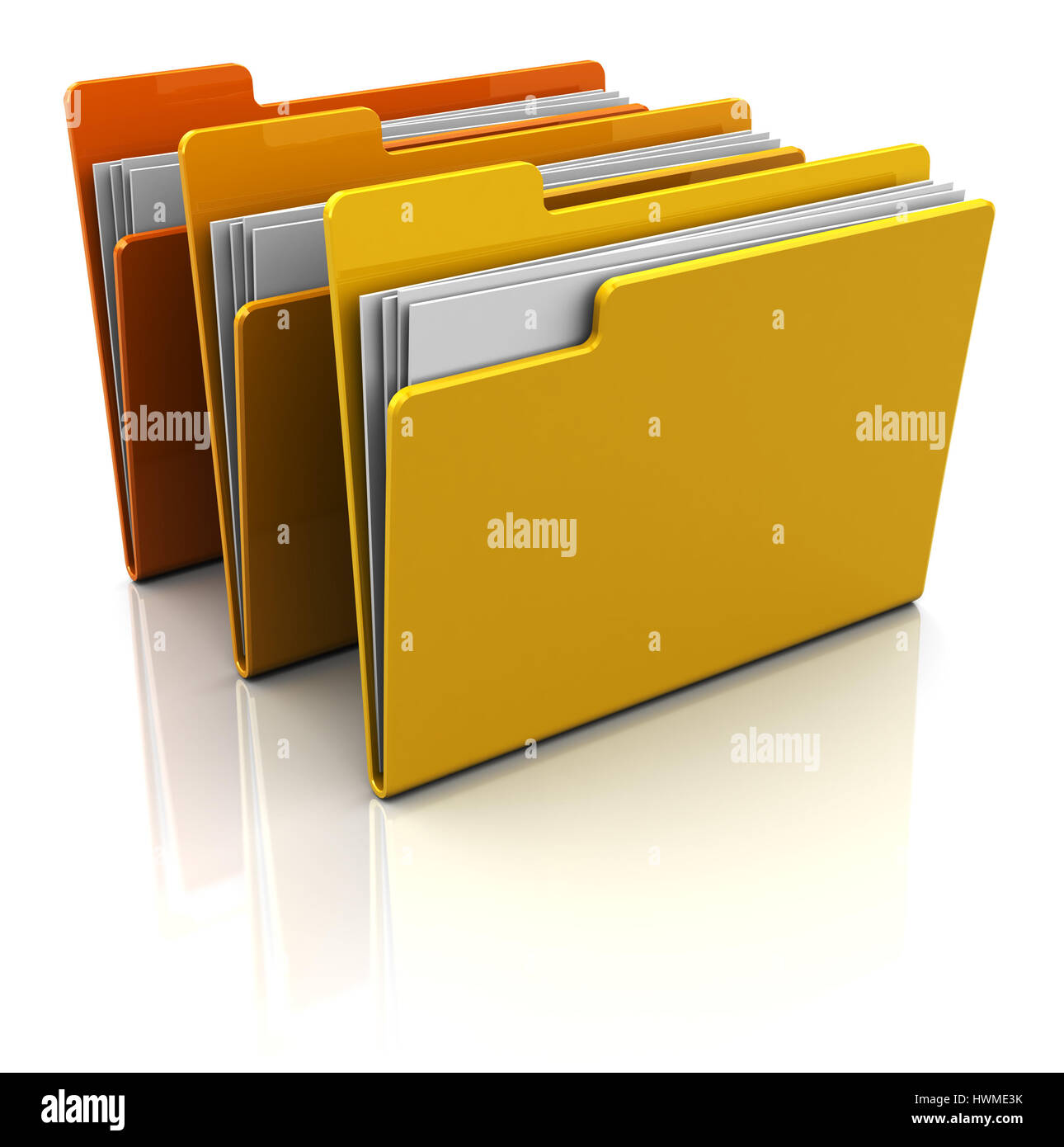3d illustration of three folders with paper, over white background ...
