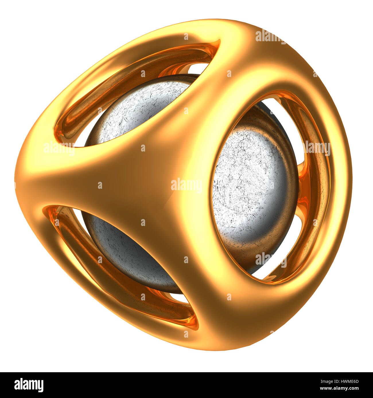 abstract 3d illustration of golden structure with metal sphere inside ...