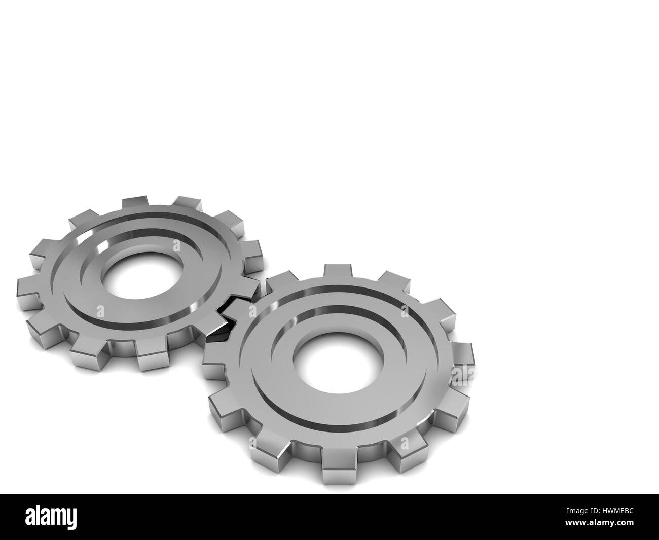 3d illustration of two gear wheels at left side of white background ...