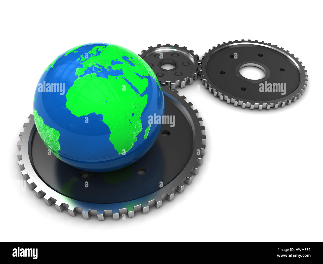 3d illustration of earth globe and gear wheels, over white background ...