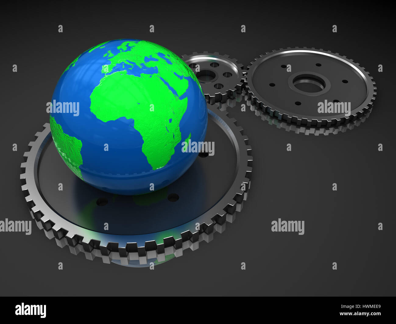 3d illustration of earth and gear wheels system, over dark background ...