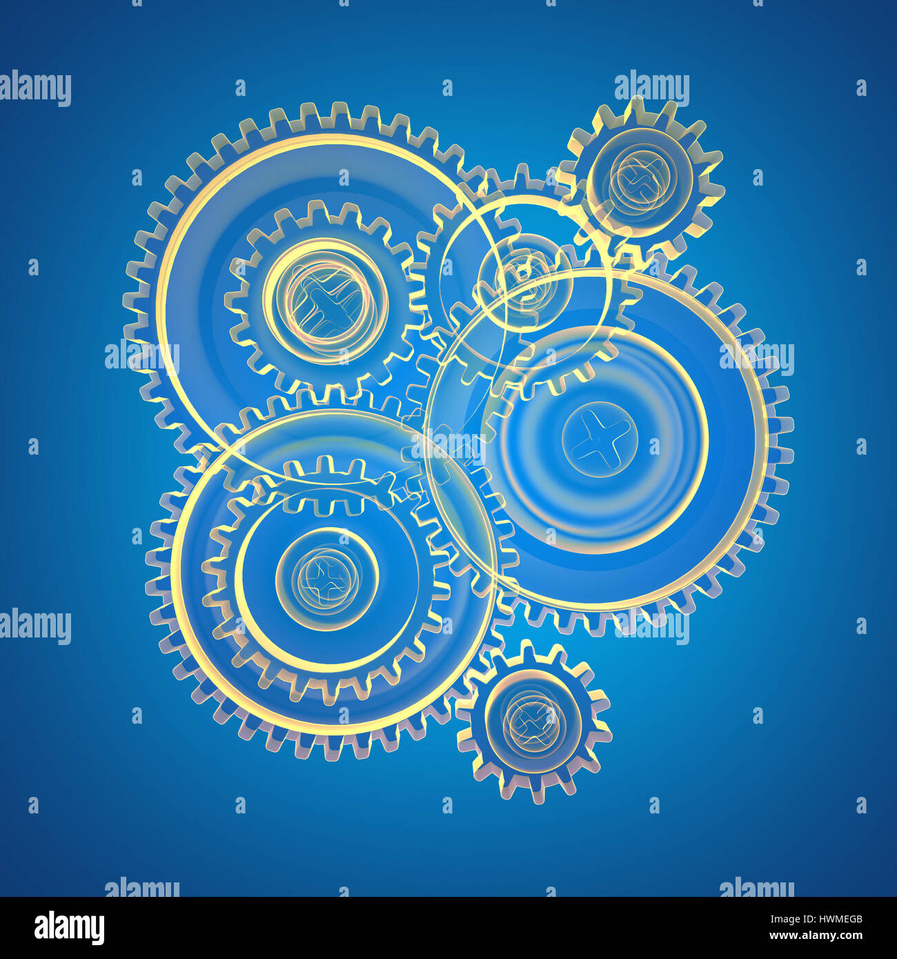 3d illustration of gear wheels system over blue background Stock Photo ...
