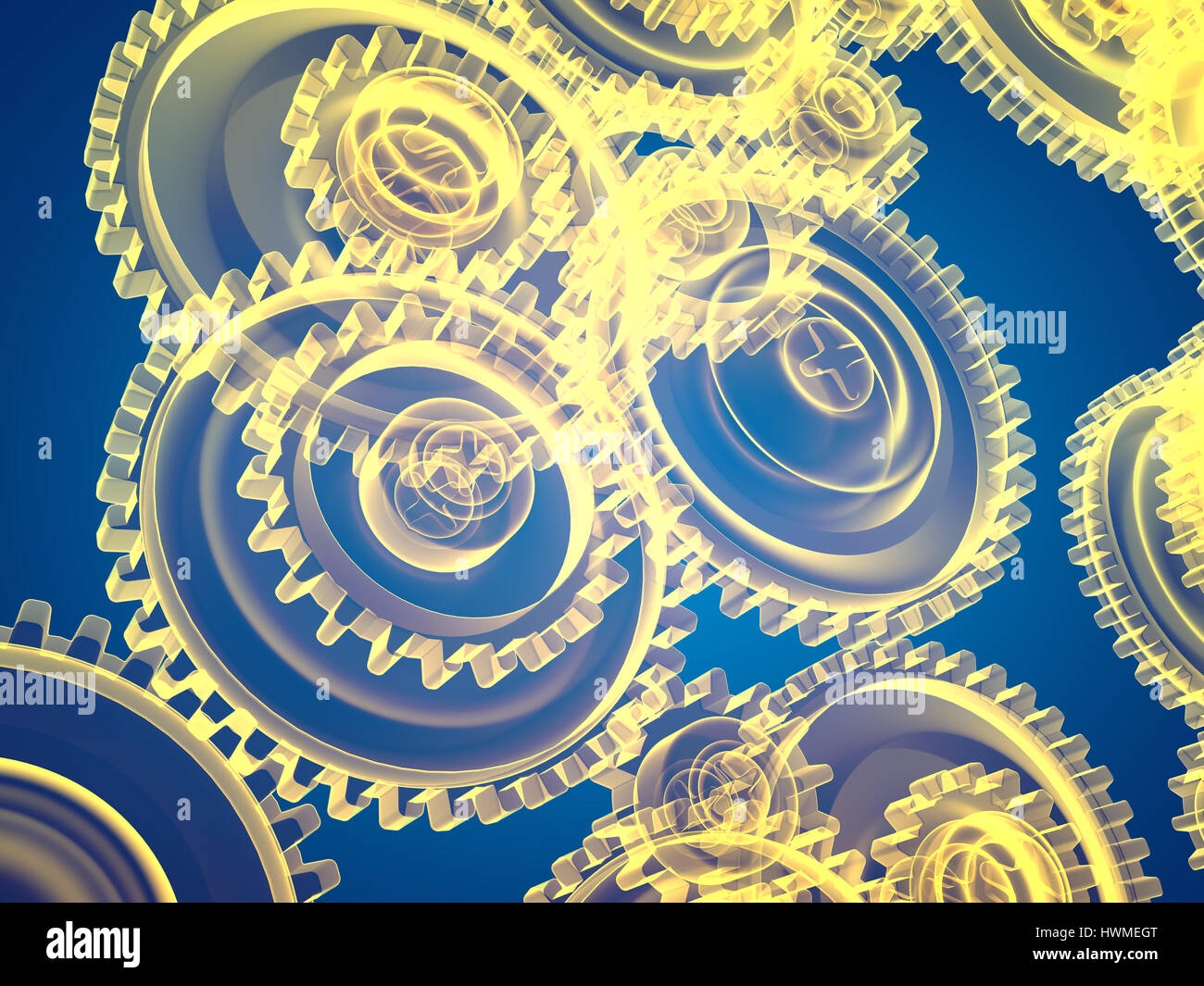3d ilustration of gear wheels background, yellow and blue colors Stock ...
