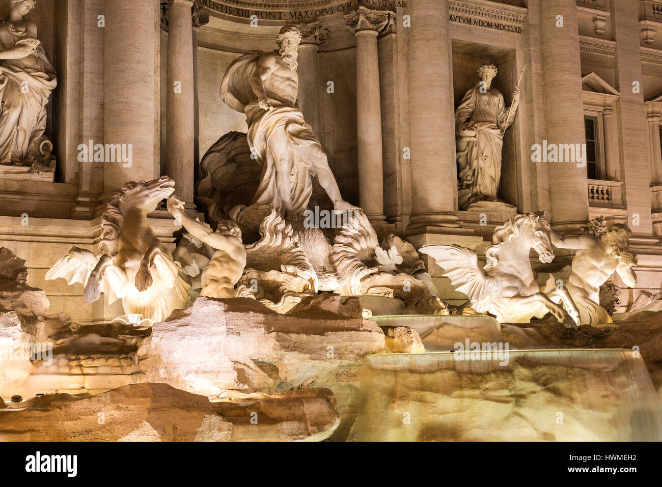 The Trevi Fountain (Fontana di Trevi) by night. Closeup of Pietro ...
