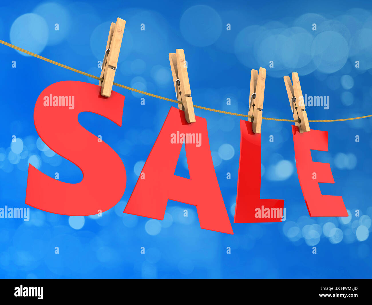 3d illustration of sale sign on rope, over blue background Stock Photo ...