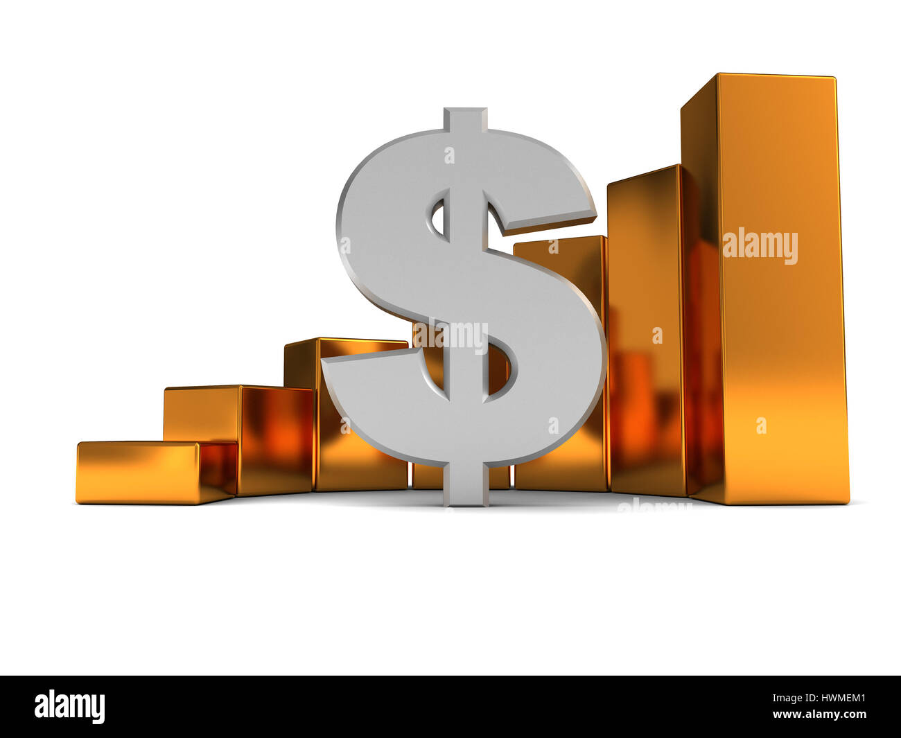 3d illustration of dollar sign and raising charts, over white ...