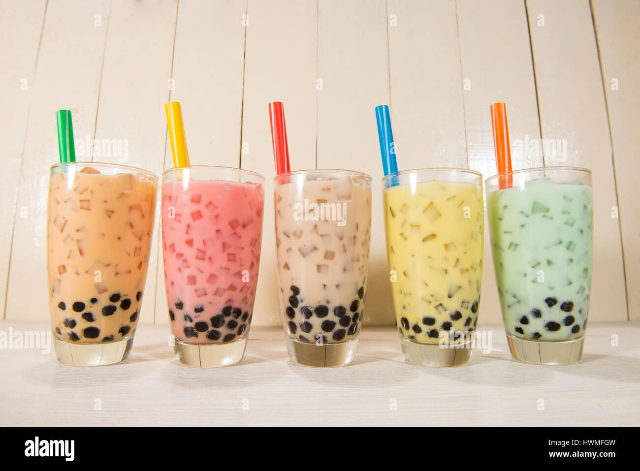 Boba / Bubble tea. Homemade Various Milk Tea with Pearls on wooden ...