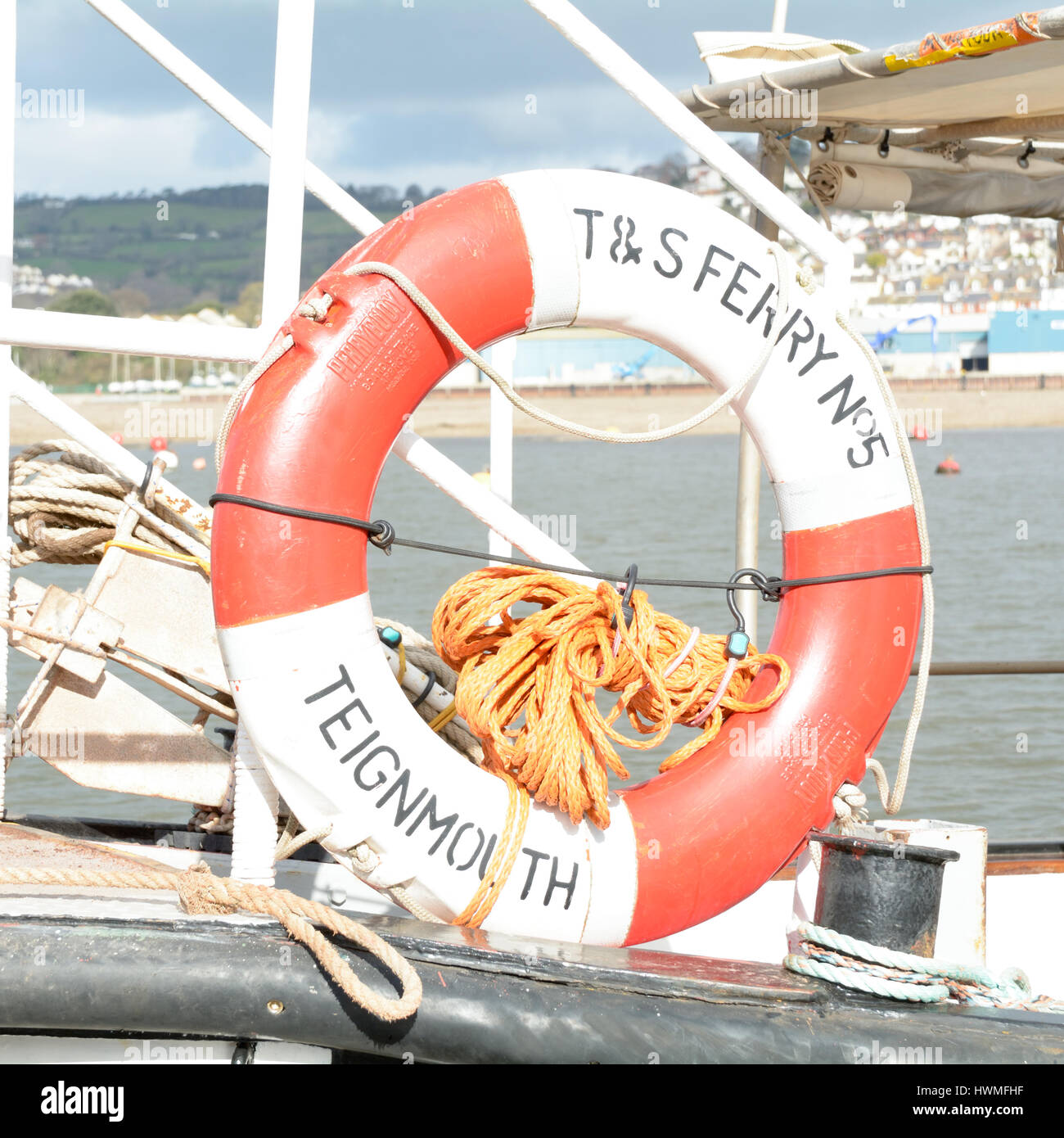 Lifesaver ring on the Shaldon Ferry from Shaldon in Devon England - the ...
