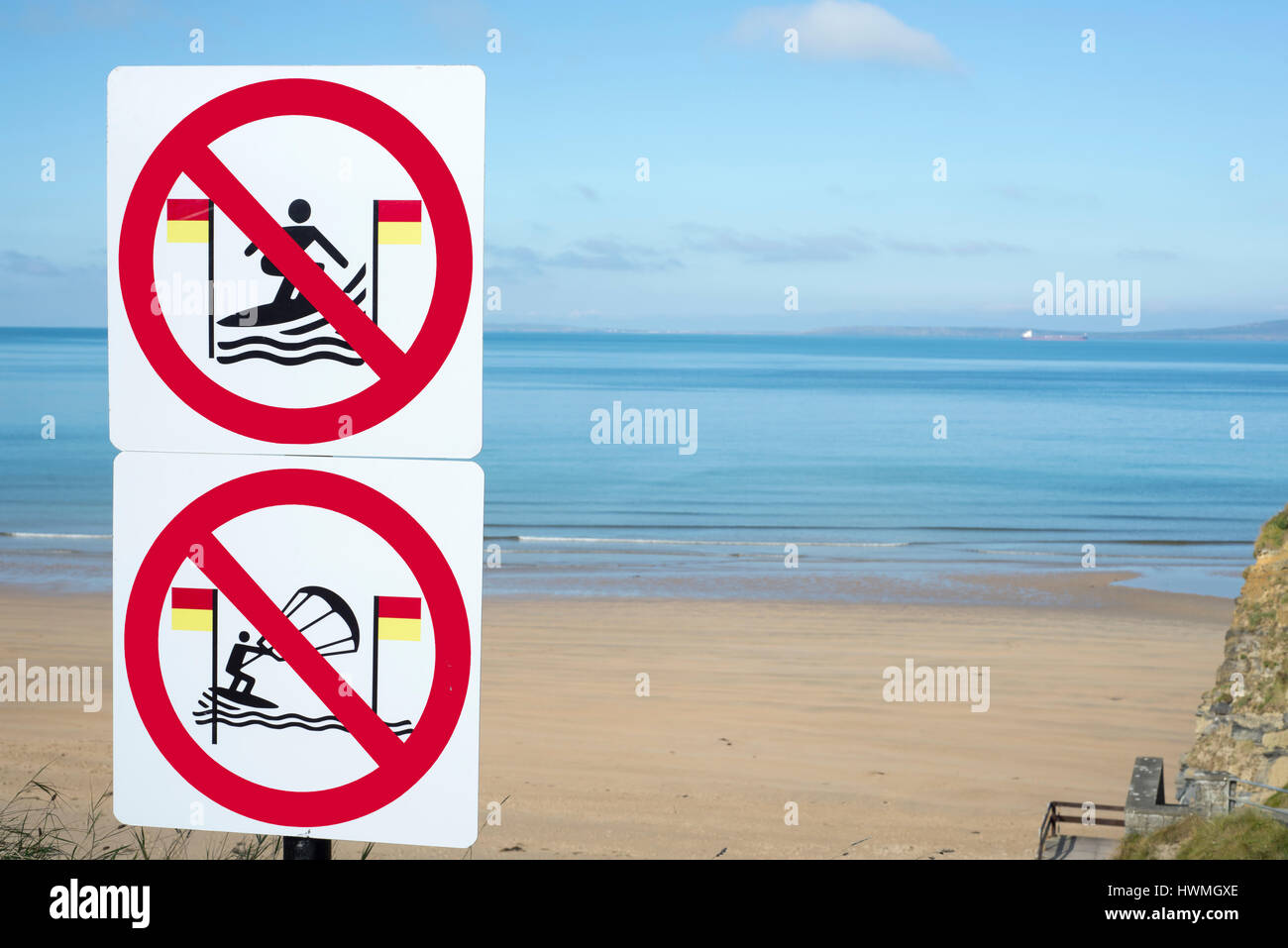 warning signs for surfers in ballybunion on the wild atlantic way in ...