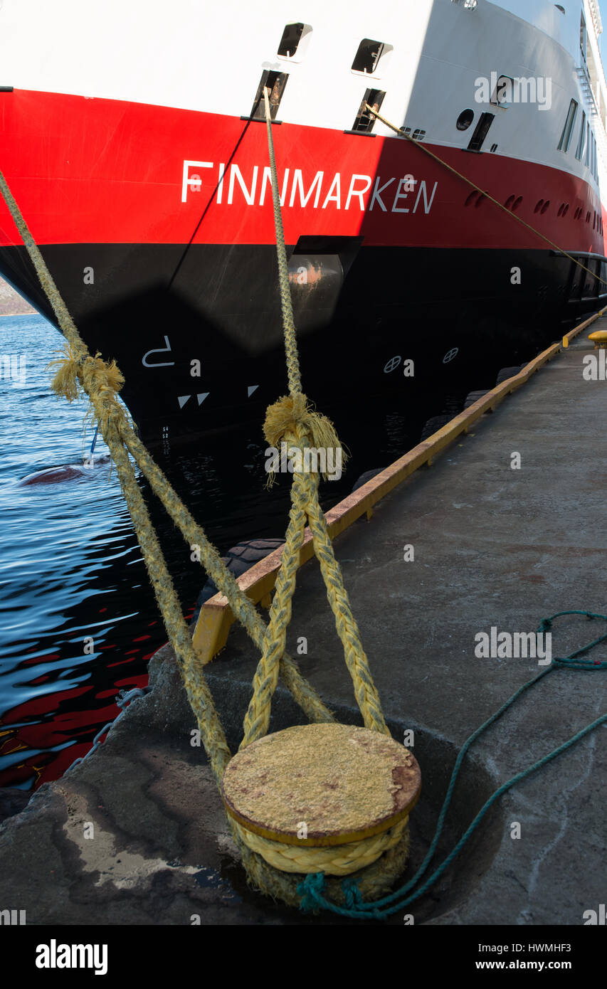 The ship M S Finnmarken operated by Hurtigruten for tourists and trade ...