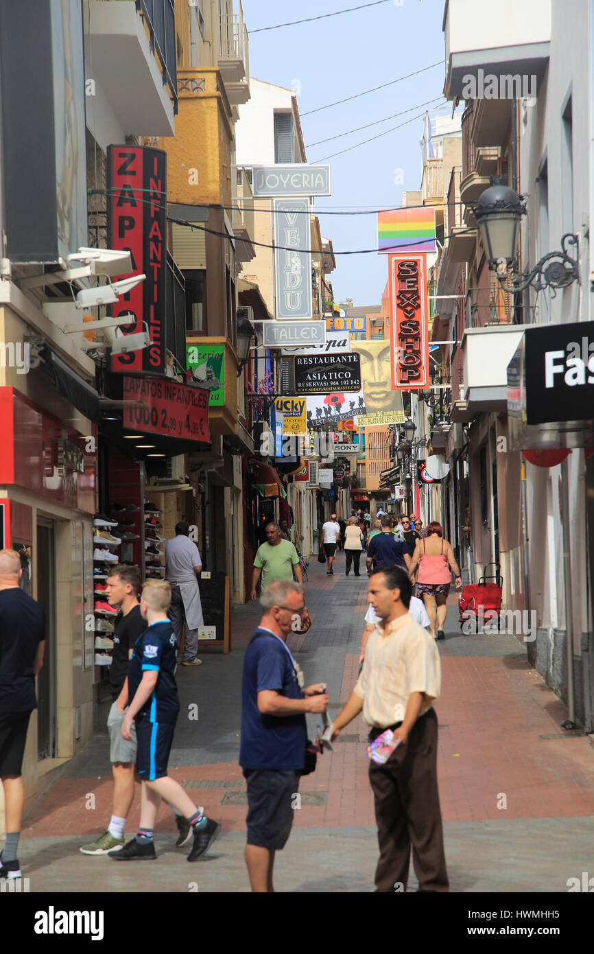 Shopping streets and bars Benidorm, Alicante province, Spain Stock ...