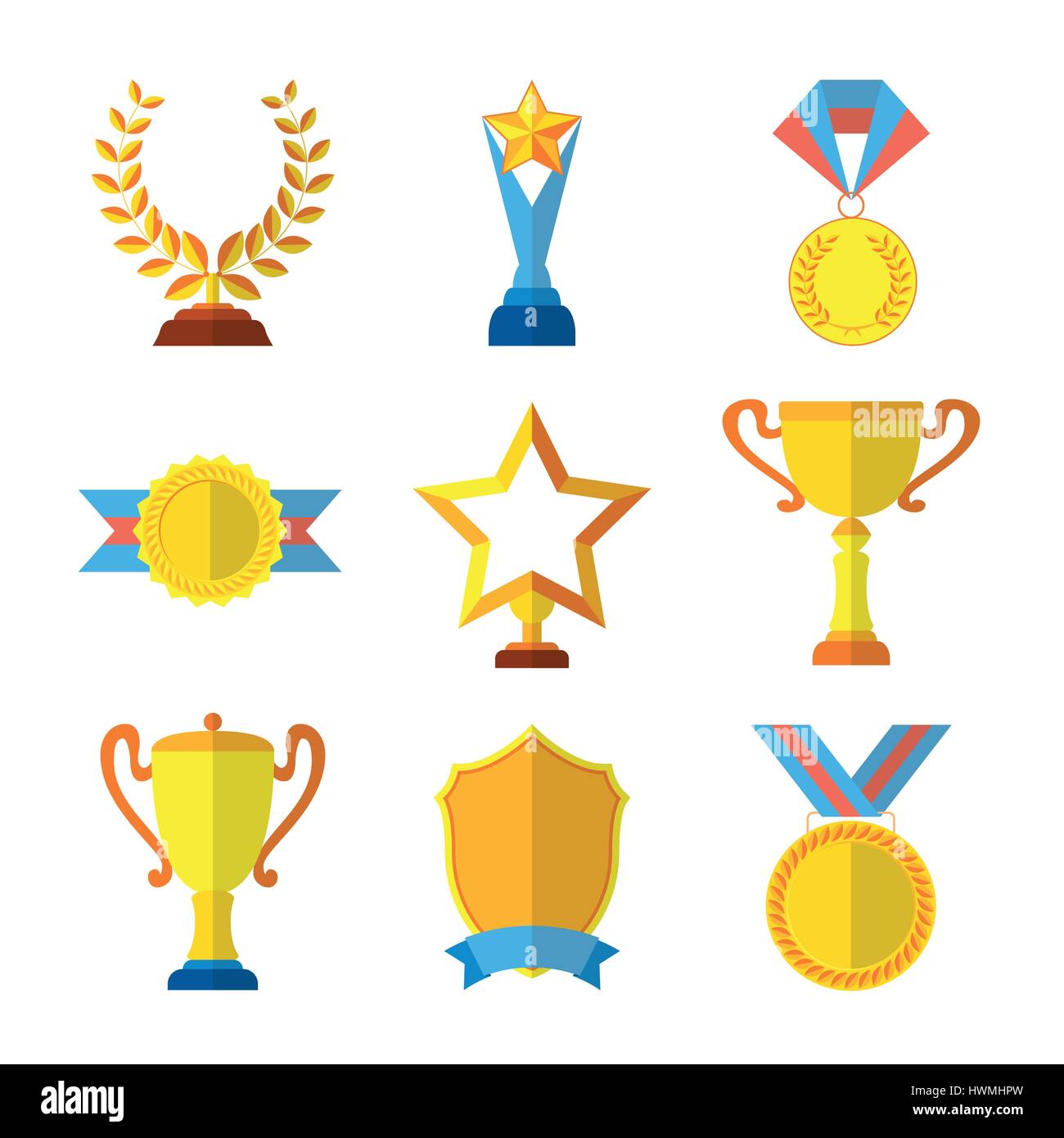 Trophy icons flat set of medallion success award winner medal isolated ...