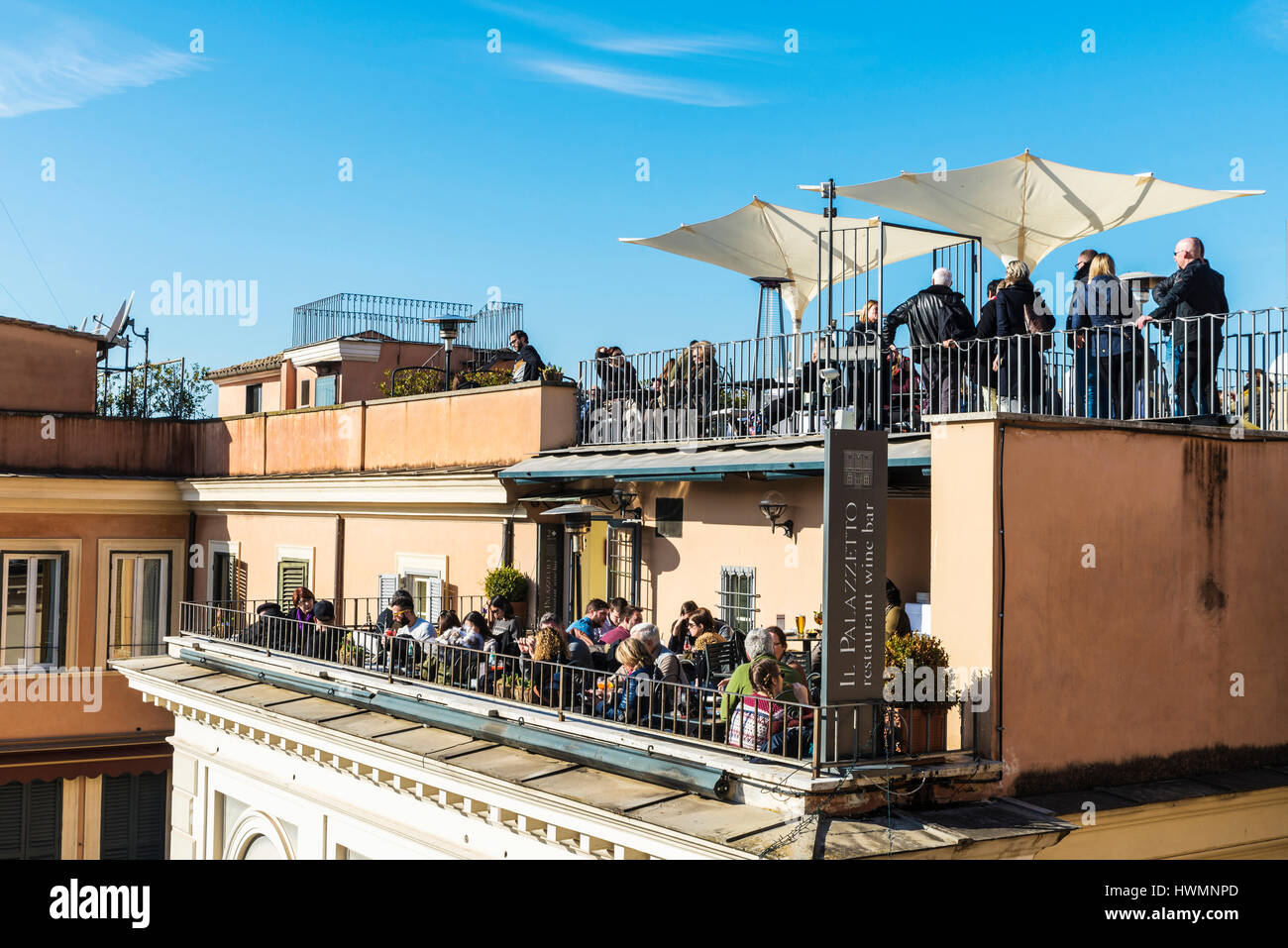 Rome, Italy - January 1, 2017: Terrace of a bar overlooking Rome with ...