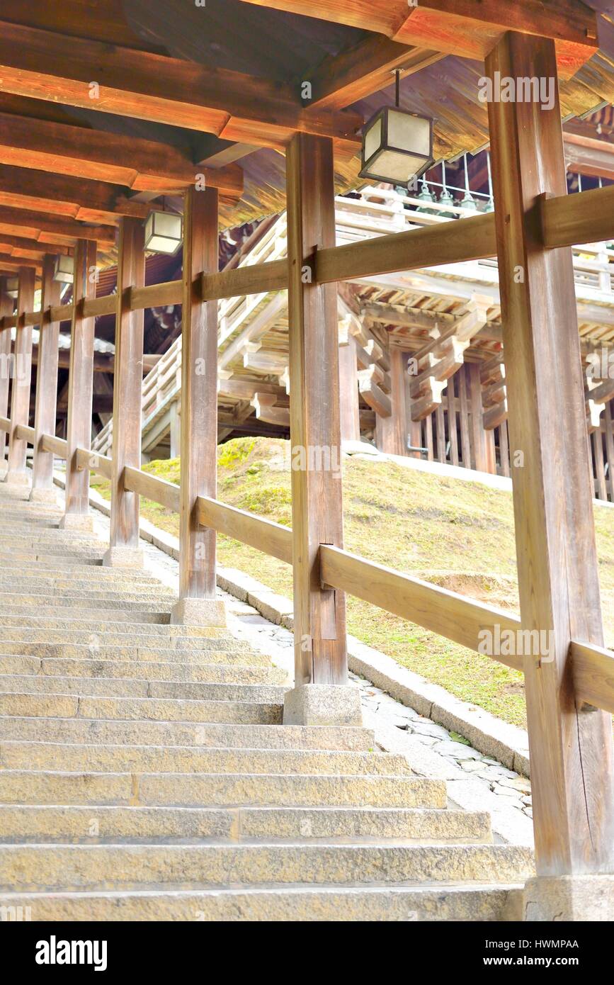 Stone steps with wooden roof at Nigatsudo hall in Nara, Japan Stock ...