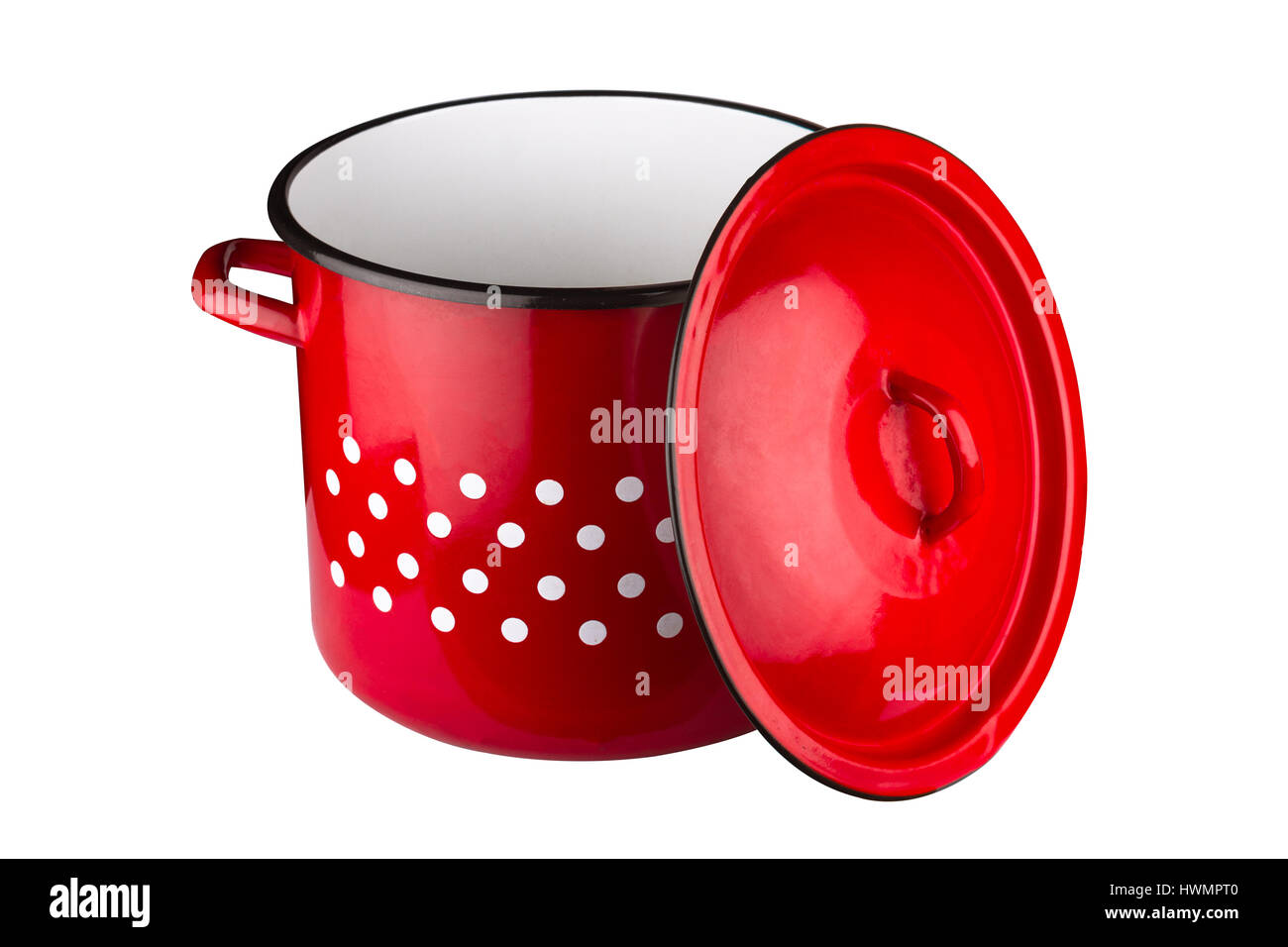 front view of a large metallic classic cooking red pot with cover by ...