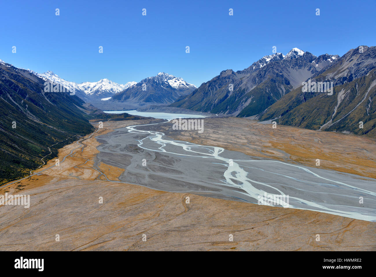 Aerial view of the Tasman River running into Lake Pukaki, Mt Cook ...